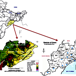 Map of Orissa showing the four physiographical regions (left view) and ...