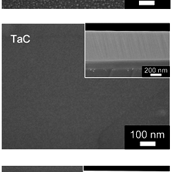 Surface SEM micrographs of the Ta, TaC, and TaC/a-C coatings.