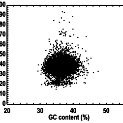Distribution between GC content and sequencing depth.