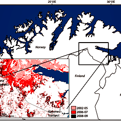 Map of Finnmark County (A) with the study region in Varanger inset (B).