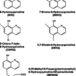 Chemical structures of 8-hydroxyquinoline and derivative compounds.