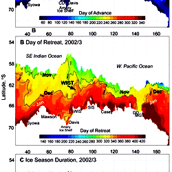 Maps showing the dominant regional effect on sea ice seasonality of the ...
