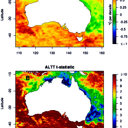 Maps of estimated model summaries for SST change.
