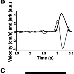 Example of a trajectory to a response circle and its velocity and jerk ...