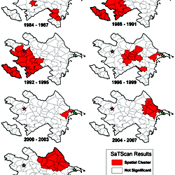 Maps show the results of the SatScan spatial scan statistic.