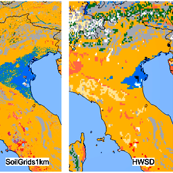 Spatial predictions of WRB soil groups for SoilGrids1km (left) and HWSD ...