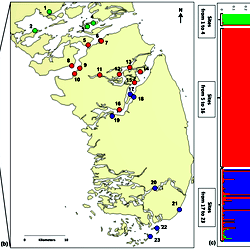 Map of Andros Island depicting its four major landmasses, the sampling ...