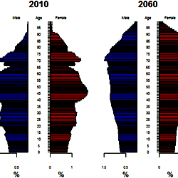 Population age distribution, Germany 2010 (left) and 2060 (right).