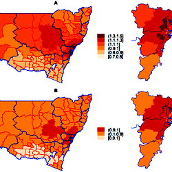 Smoothed relative risk of FTR for each LGA (separated by red borders ...
