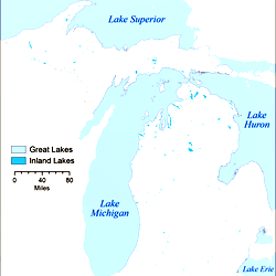 Map of Michigan’s inland lakes, surrounded by North American Great ...