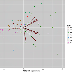 Biplot showing the first two loadings of the principal component ...