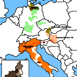 Map representing the Lombard kingdom in Italy (amber) and other areas ...