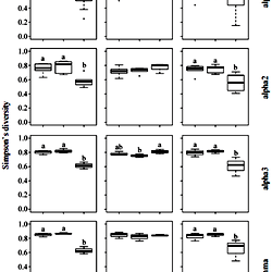 Box plots of alpha diversity (alpha1, alpha2, and alpha3) and gamma ...