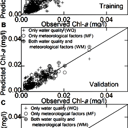Scatter plots of the observed data vs. the model predictions using ...
