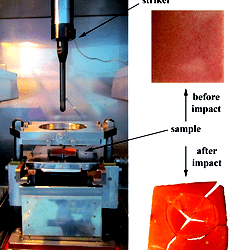 Sample in the impact test machine before and after the impact test.