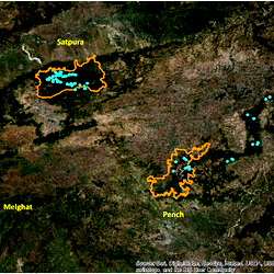 Map of the study landscape with locations of all sloth bear fecal and ...