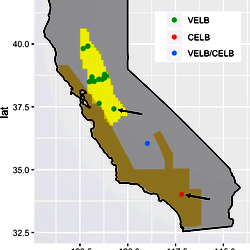 Map of VELB and CELB ranges within California.