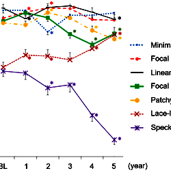 Transition of mean retinal sensitivity by each pattern of abnormal FAF ...