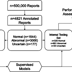 Flowchart showing supervised approach to radiology report classification.