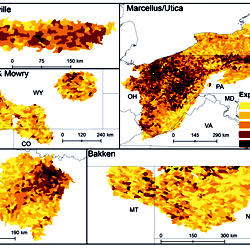 HUC12 exposure scores to multiple stressors in each shale play.