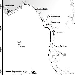 Map of historic and expanded range of snook on the Gulf coast of Florida.