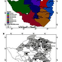 Maps showing sentinel sites at different administration levels.