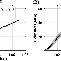 Cauchy stress-stretch behavior until failure and material model response.