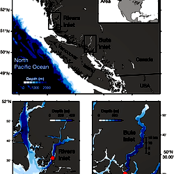 Regional and local maps of the study area and of Bute and Rivers inlets.