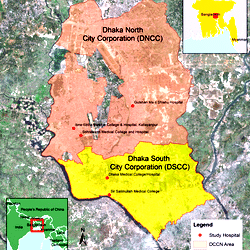The city corporation boundaries and locations of the surveyed hospitals ...