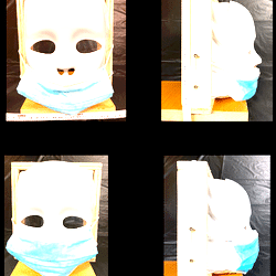 Frontal and side view of M1 wearing a mask in different positions.