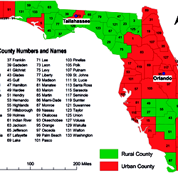 Map of Florida showing geographic distribution of urban and rural counties.