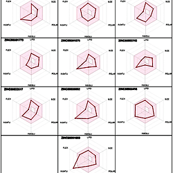 Radar charts of the 10 candidate molecules.