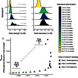 Distribution of node strength and node centrality for models with ...