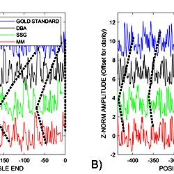 The dashed and solid lines join points in these un-warped signals with ...