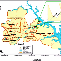 Map of Ghana indicating study communities in the Pru District, Bono ...