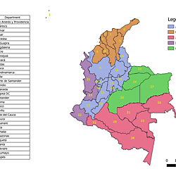 Map of the geographical distribution of departments and the five ...