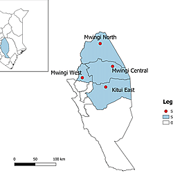 Map of Kitui county showing the study areas and sites (Created using ...