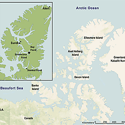Map of Ellesmere Island, Nunavut, Canada and adjacent areas.