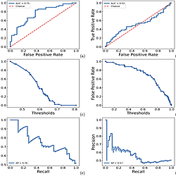 ROC-AUC, false positive rate-threshold, precision-recall curves for RF ...