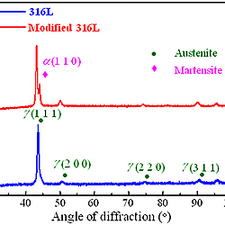 XRD peak spectra of 316 L and modified 316L specimens.