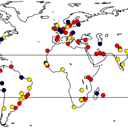 Map of 137 studied locations, for which information was retrieved on ...
