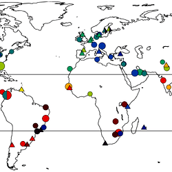 Global map of RSV peak timing and epidemic duration (n = 96 locations).