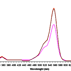 The UV-VIS absorption spectra of rhodamine B (brown and orange lines ...