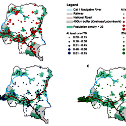 Maps of bed net coverage, ITN coverage and ITN density.