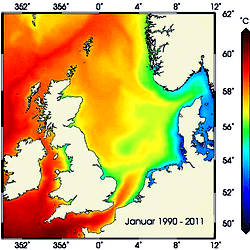 Map of average sea surface temperature in January 1990–2011 showing the ...