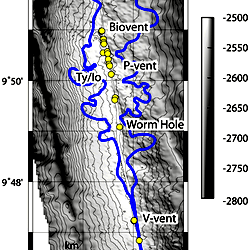 Map of vent locations on ridge axis of East Pacific Rise near 9°50′N.