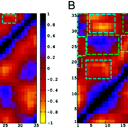 Dynamic Cross-Correlation Maps for 2B4C (A) and 2QAD (B), using Cα atoms.