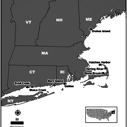 Map of study site locations in New England.