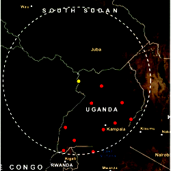Map of meteorological stations within 500 km of Arua, Uganda.
