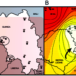 A) Mano River region map with the location of 25 trapping sites.